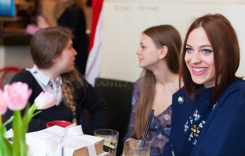 Girls Having Small Talk in Cafe Stock Image - Image of caucasian, cute ...