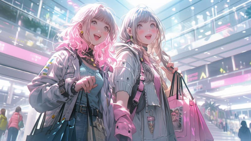 Girls Inside a Mall Shopping - Generative AI Stock Illustration ...