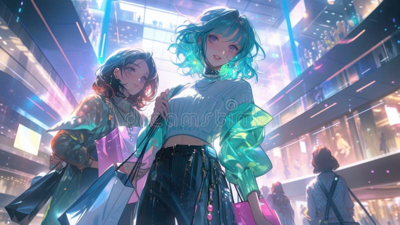 Girls Inside a Mall Shopping - Generative AI Stock Illustration ...