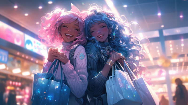 Girls Inside a Mall Shopping - Generative AI Stock Illustration ...