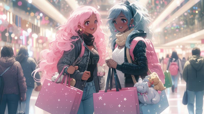 Girls Inside a Mall Shopping - Generative AI Stock Illustration ...