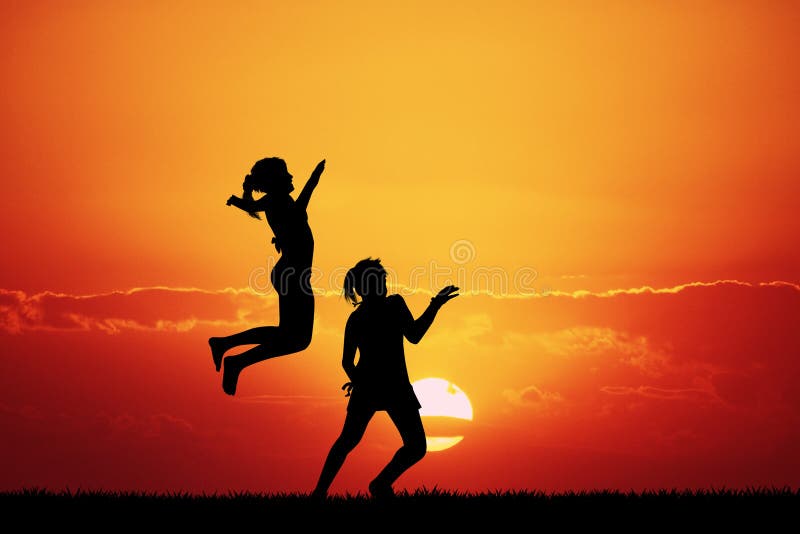 Girls in joy at sunset stock illustration. Illustration of girls - 78226210