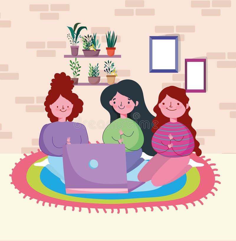 Two girls with laptop stock vector. Illustration of holding - 46266113