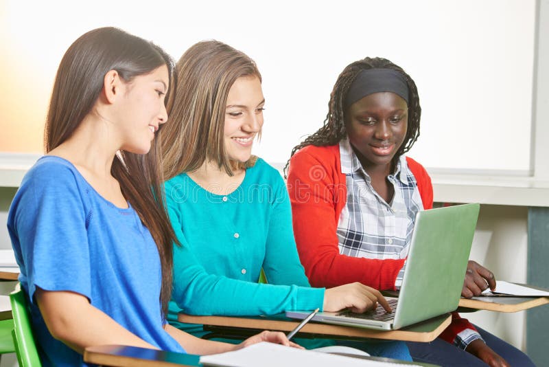 Girls Making Research at School Stock Image - Image of internet, study ...