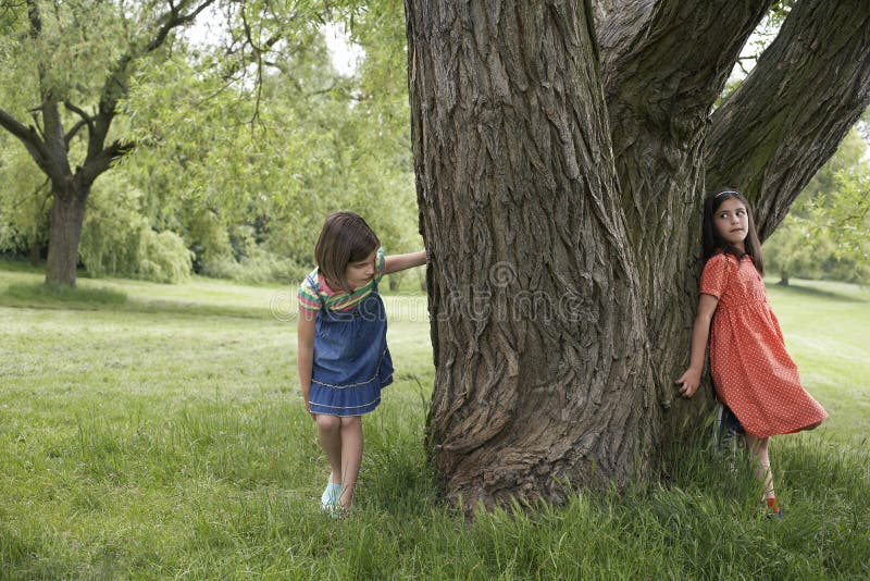 Girls Playing Hide And Seek By Tree Stock Image Image 33916949 7100