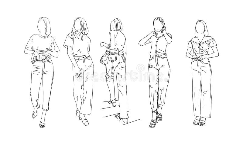 Girls Posing in a Collection of Summer Clothes. Linear Style. Vector ...