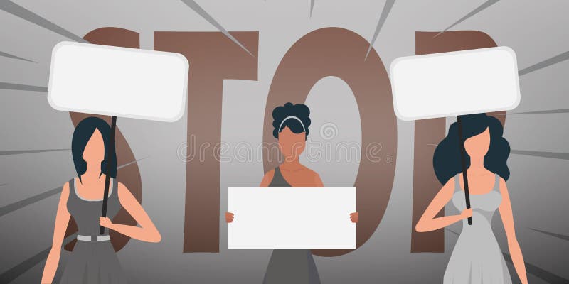 Girls Protesting with a Banner Against the Background of the Word STOP ...