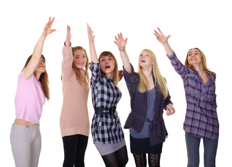 Girls Pulling Together Hands Up on White Stock Image - Image of ...