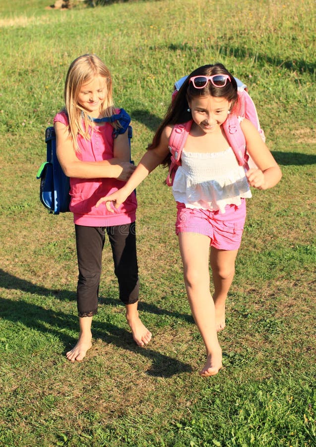 Girls running to school stock image. Image of girl, green - 33270583