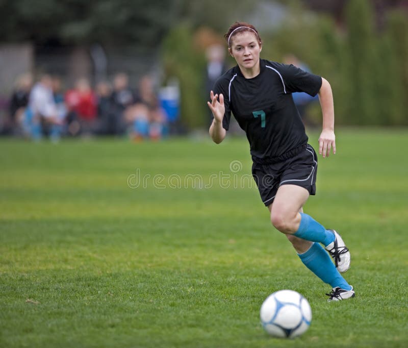 Girls Soccer Player Running with Ball Stock Photo - Image of compete ...