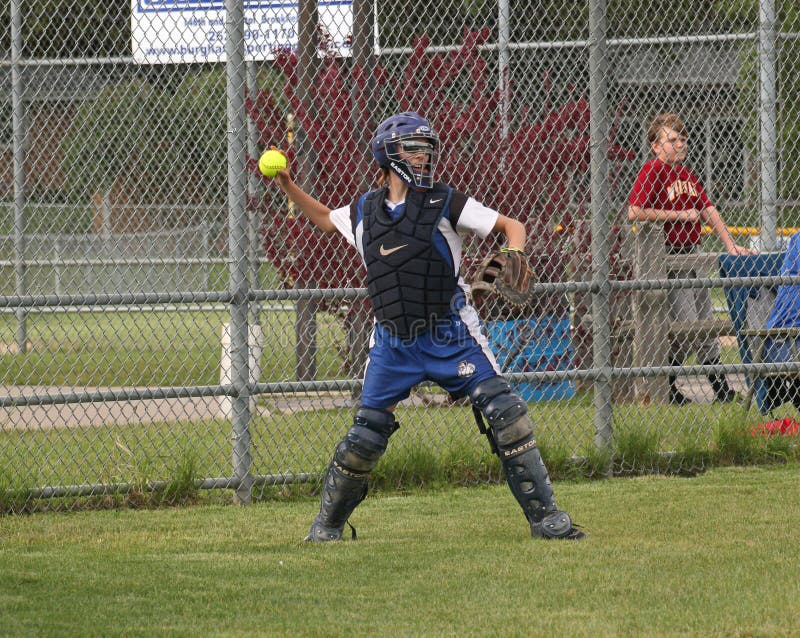 Female Softball Player Runs To First Base Stock Image - Image of helmet ...