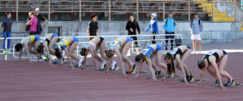 Girls on the Start of the 100 Meters Race Editorial Photo - Image of ...