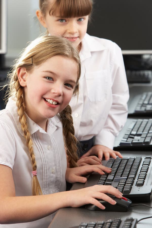 Girls Using Computers in School Class Stock Image - Image of mouse ...