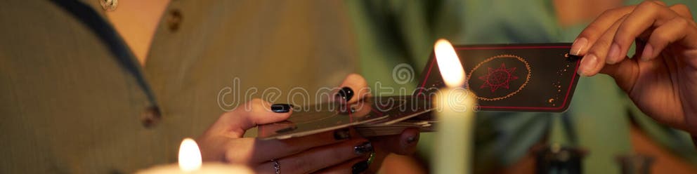 Girls Using Tarot Cards during Party Header Stock Photo - Image of deck ...