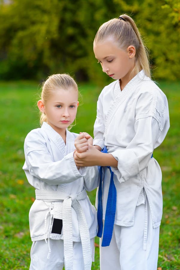 Girls in White Kimono during Training Karate Stock Photo - Image of ...