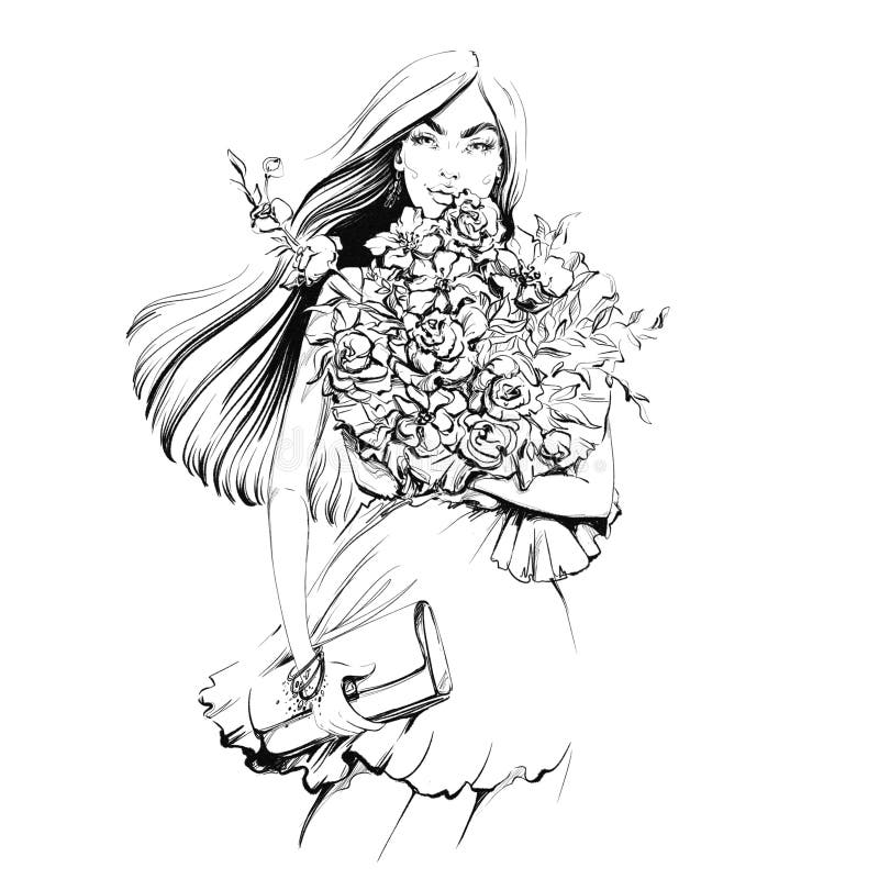Fashion Ink Illustration of a Girl with a Bouquet. Large Format. Stock ...