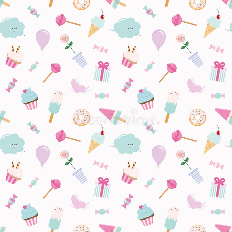 Girly Pattern Background with Sweets and Cute Elements. Pastel Pink and ...