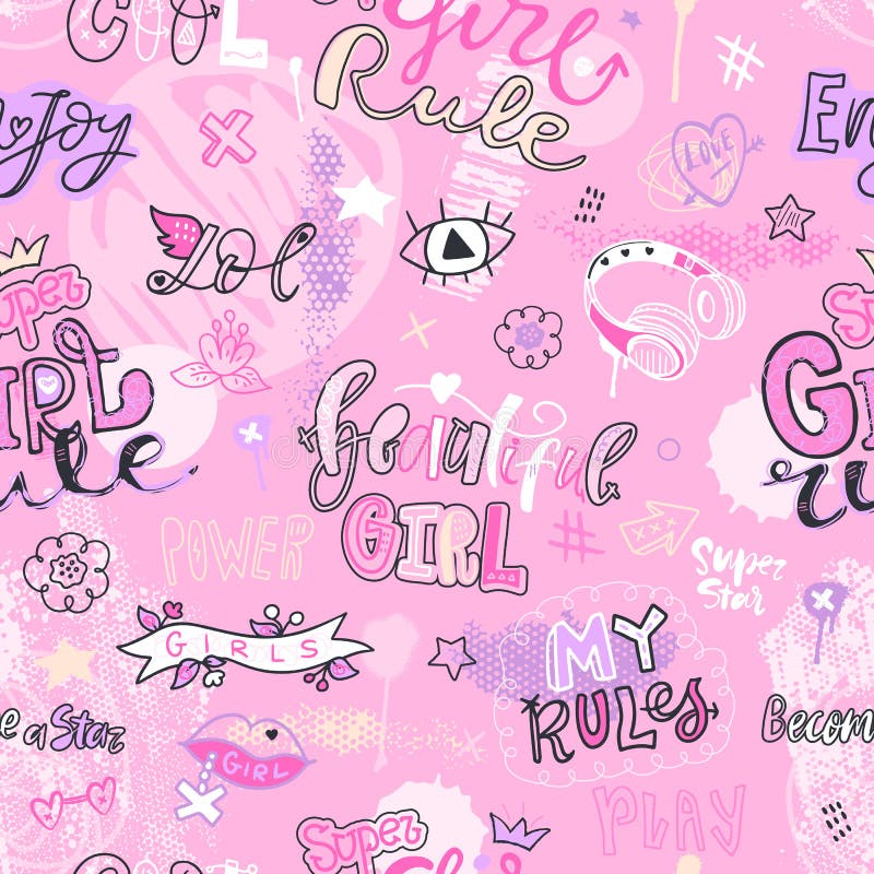 Girly Seamless Pattern. Pink Background with Lettering, Doodles ...