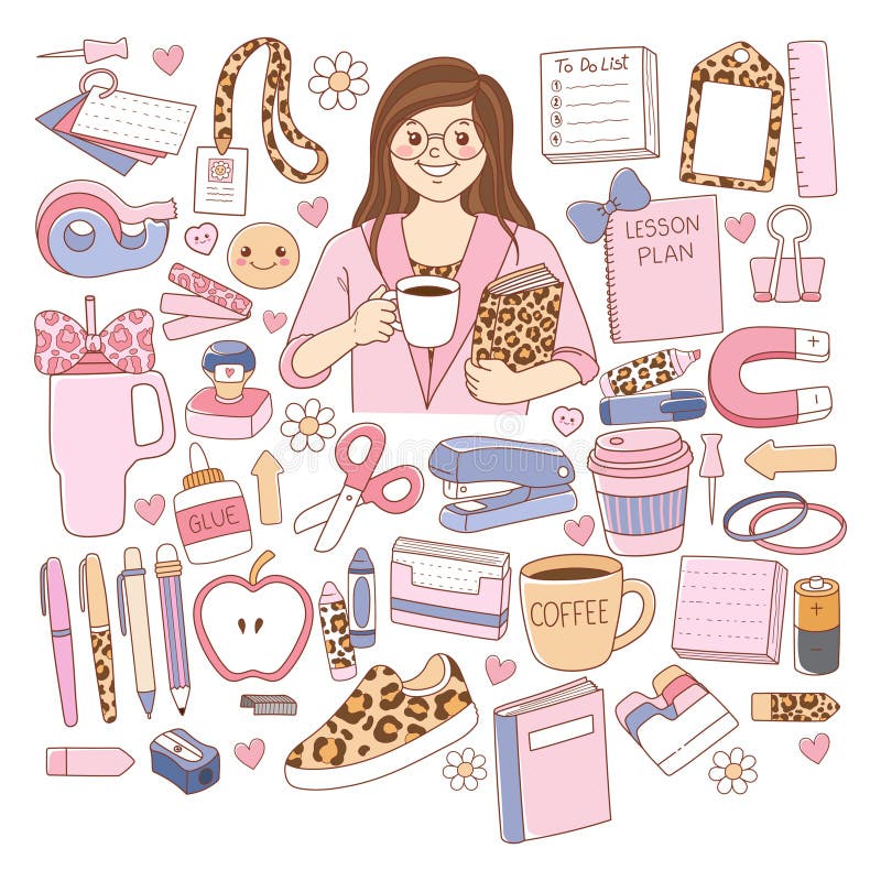 Girly Teacher, Back To School Elements Doodle Cartoon Style Stock ...