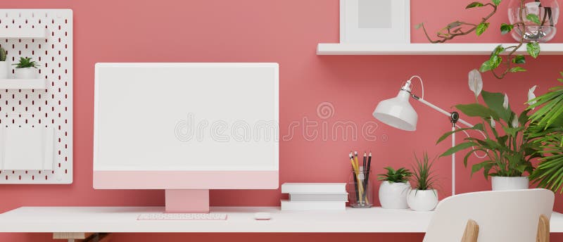 Girly Work Space Design with Pink Wallpaper and Pastel Pink Desktop ...