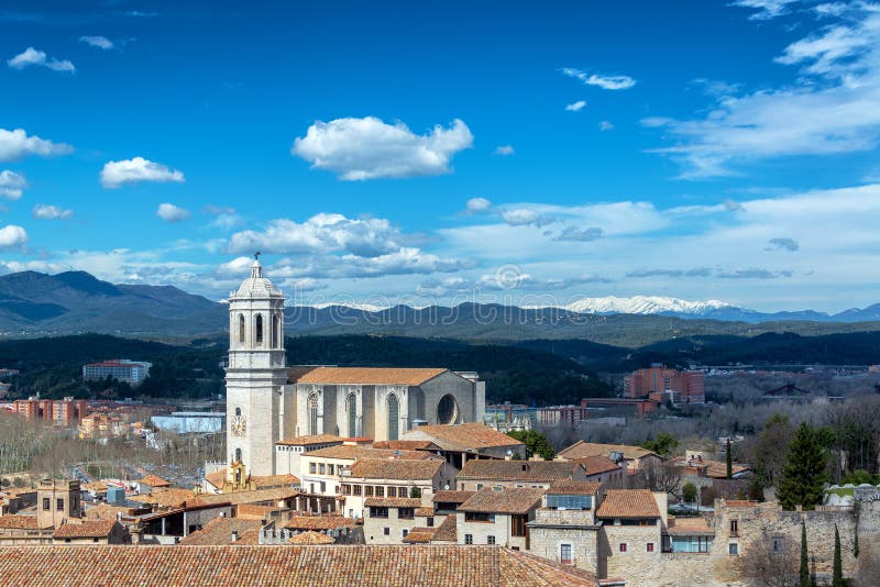 Girona Cathedral and Pyrenees Mountain Range Stock Photo - Image of ...