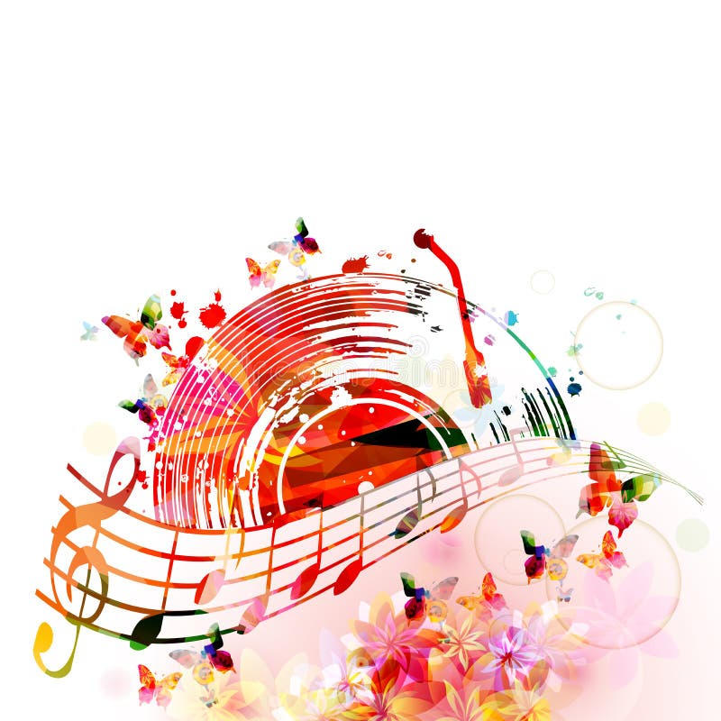 Colorful Music Background with Music Notes and Vinyl Record Disc ...