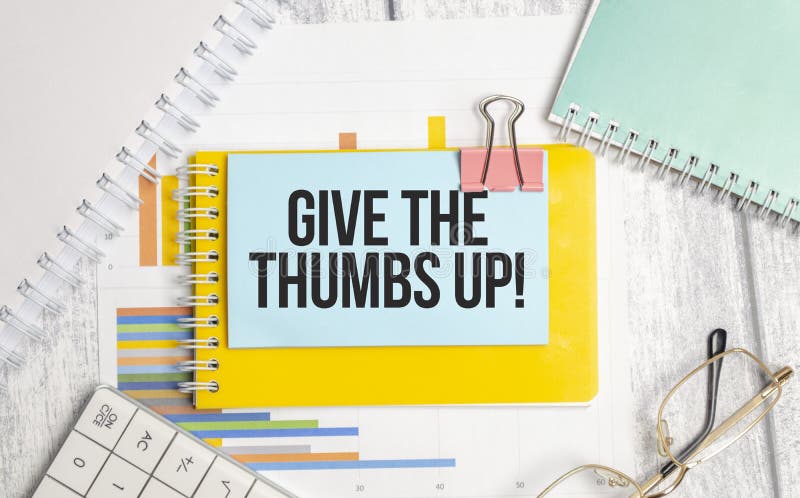 Give the Thumbs Up Words on Blue Sticker with Glasses Stock Image ... Give the Thumbs Up Words on Blue Sticker with Glasses Stock Image ...