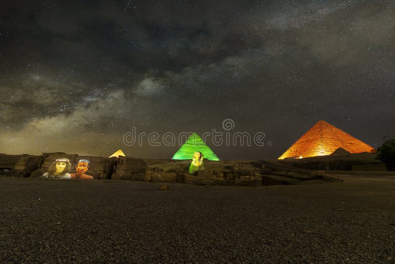 Giza Pyramids and Sphinx Light Up at Night Stock Photo - Image of cairo ...