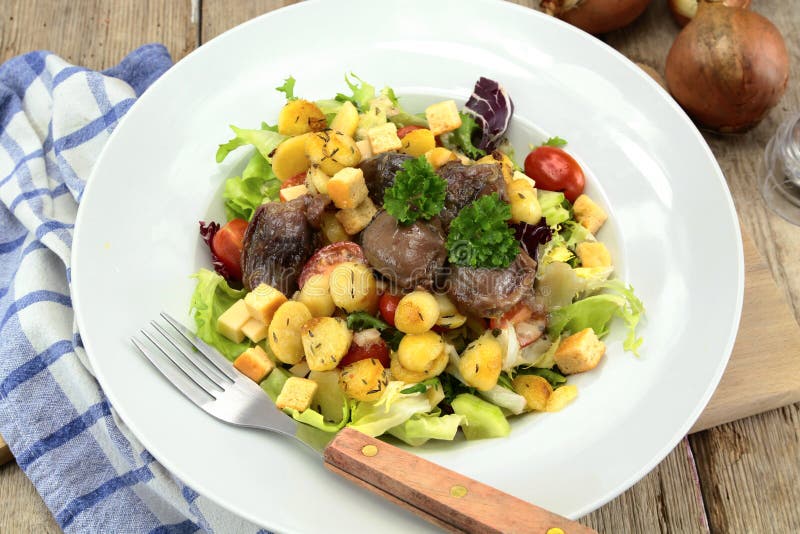Gizzard salad and potatoes stock image. Image of meat - 165843253