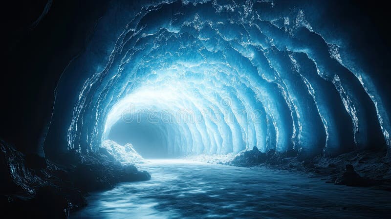 Glacial Cave Tunnel, Icy River, Glowing Exit, Arctic Landscape, Fantasy ...