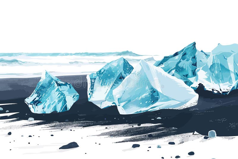 Glacial Ice Chunks on Black Sand Shore Isolated Illustration Stock ...