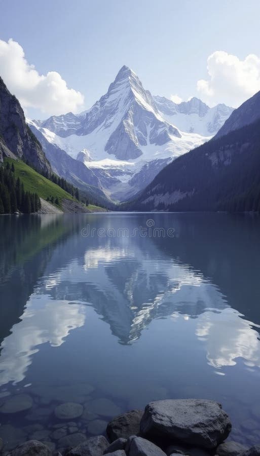 Glacial Lake with Snow Capped Mountains Reflected in Its Calm Surface ...