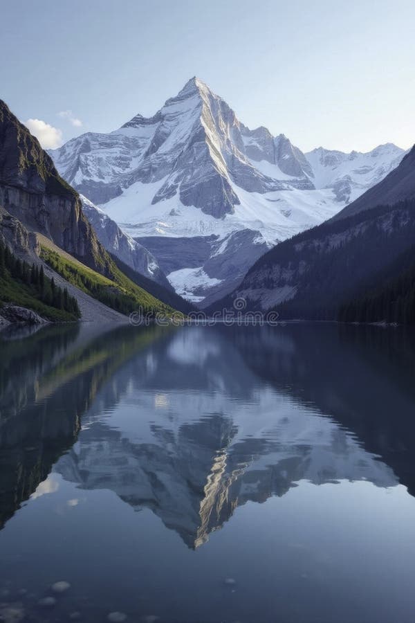 Glacial Lake with Snow Capped Mountains Reflected in Its Calm Surface ...