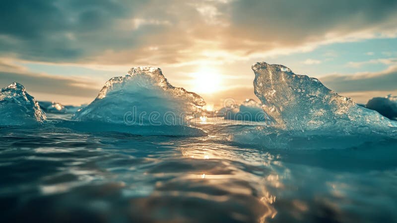 Glacial Sunrise: Mesmerizing Ice Formations and Golden Horizon Stock ...