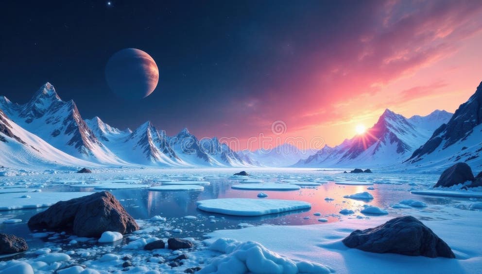 Glaciated Planetary Surface with a Distant Star, Space, Icy, Planet Stock Illustration ...