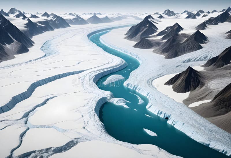 A Glacier with a Blue River and Mountains in the Background Stock ...