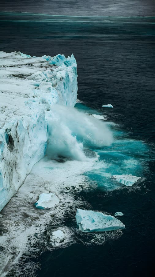 Glacier Breaking Off into Ocean, Creating Frothy Splash, Ice Chunks ...