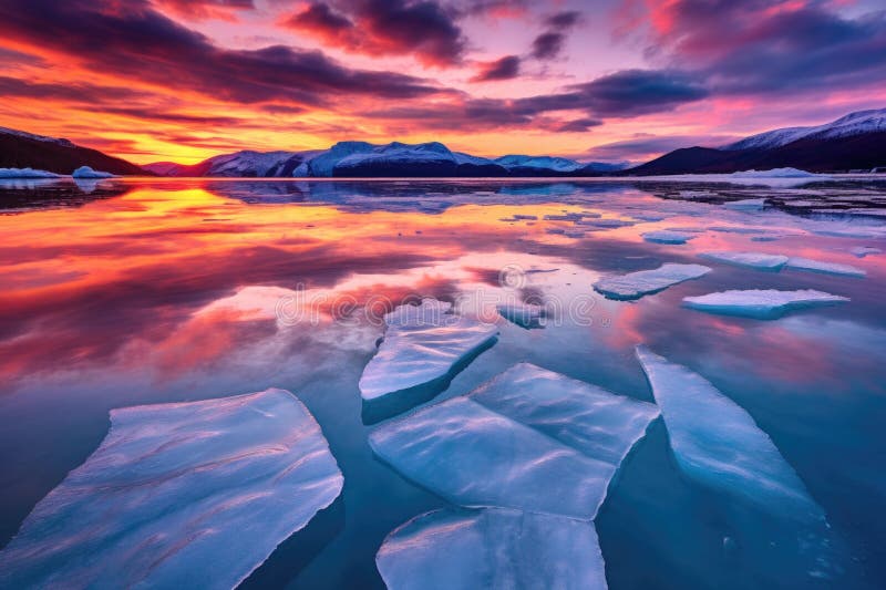 Glacier Calving at Sunset, Vibrant Colors Reflecting on Ice Stock ...