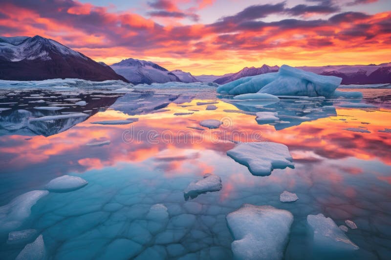 Glacier Calving at Sunset, Vibrant Colors Reflecting on Ice Stock ...