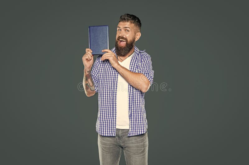 Glad Bearded Man Recommend Book on Grey Background Stock Image - Image ...