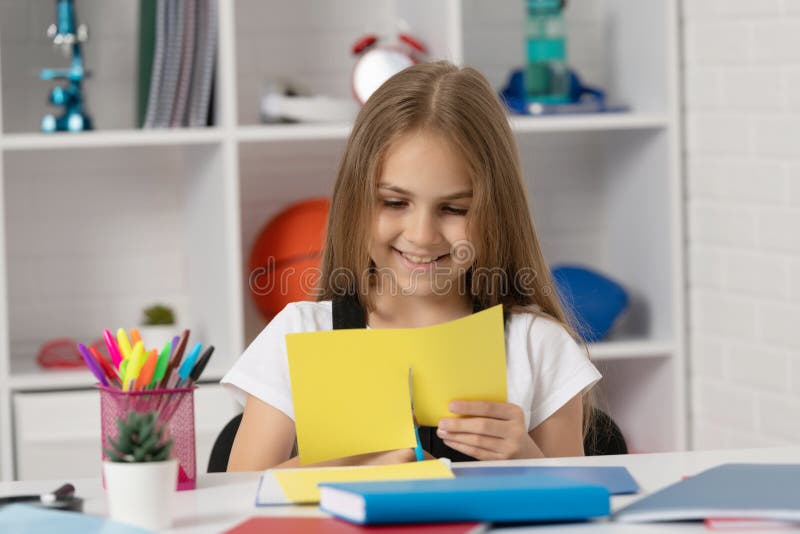 Glad Child Cut Paper in School Classroom Stock Photo - Image of study ...