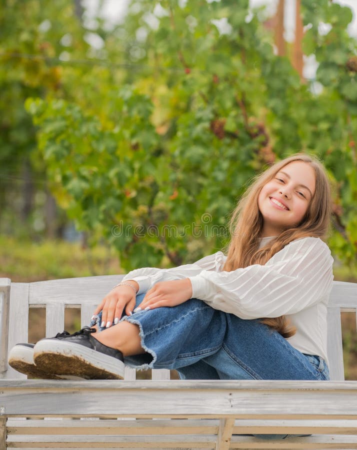 Glad Child Sit on Bench Outdoor, Relaxation Stock Photo - Image of ...
