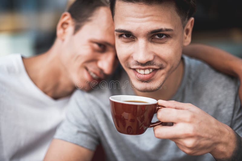 Glad Comrade Spending Time with Cheerful Guy Stock Image - Image of ...