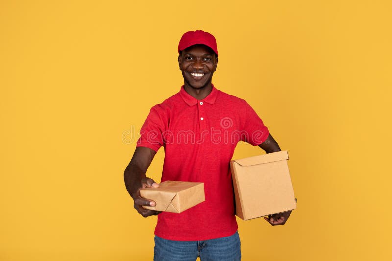 Glad Friendly Millennial Black Man Courier in Red Uniform Give Box for ...