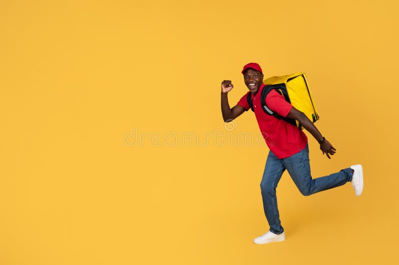 Glad Funny Young Black Delivery Man in Uniform and Cap with Big ...