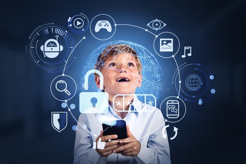 Glad Handsome Boy Standing Holding Smartphone with Digital Inter Stock ...