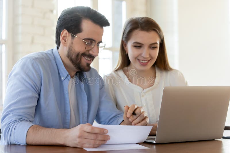 Glad Happy Business Partners Man and Woman Collaborating on Project ...