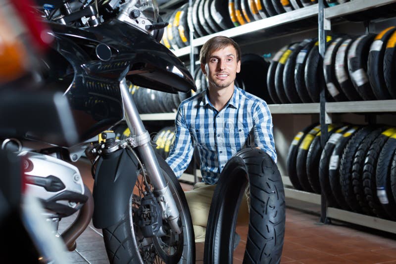 Glad Man Customer Holding His Motorcycle Stock Image - Image of fitting ...