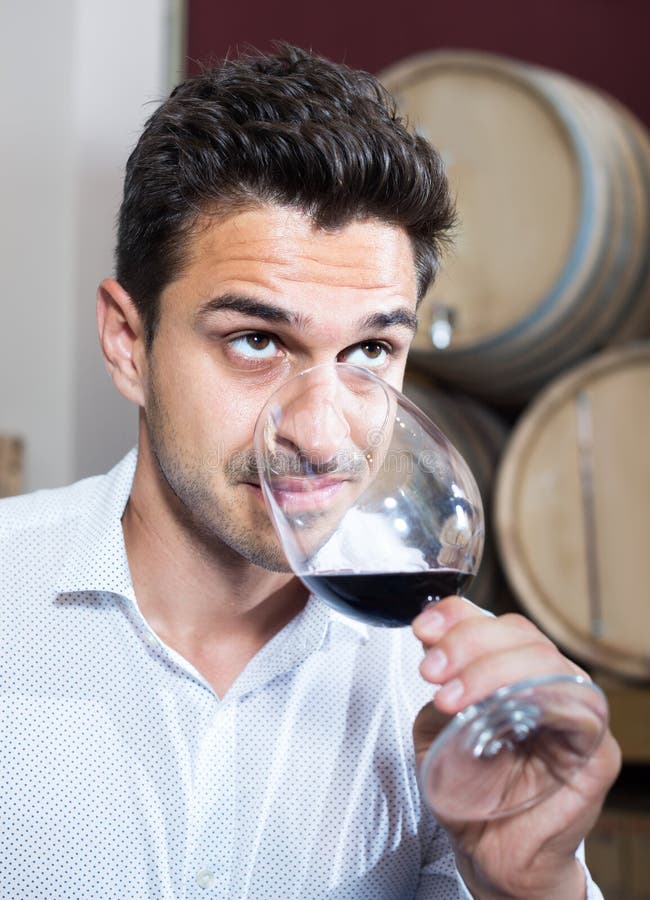 Glad Man Holding Glass of Red Wine in Winery Section Stock Image ...