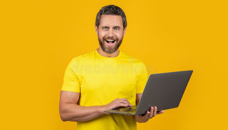 Glad Man Programmer in Studio. Photo of Man Programmer with Laptop ...